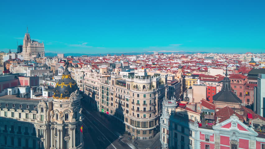 Madrid Sun Gran Via Traffic Metropolis Crossroad Roof Panorama 4k Time ...