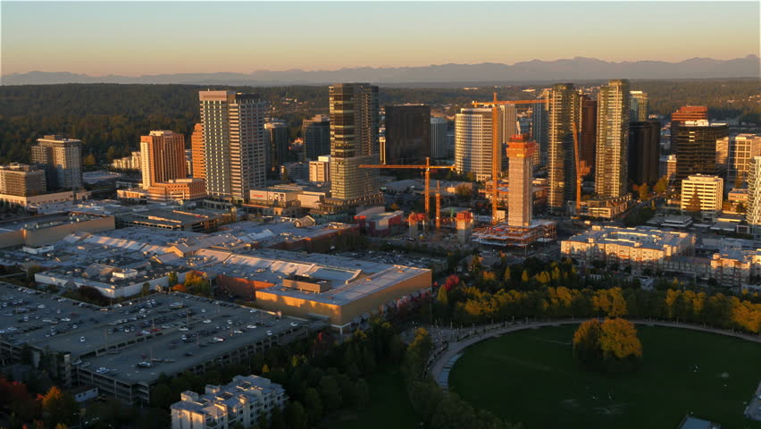 City Of Bellevue, Washington Aerial View At Sunset. Bellevue, WA ...