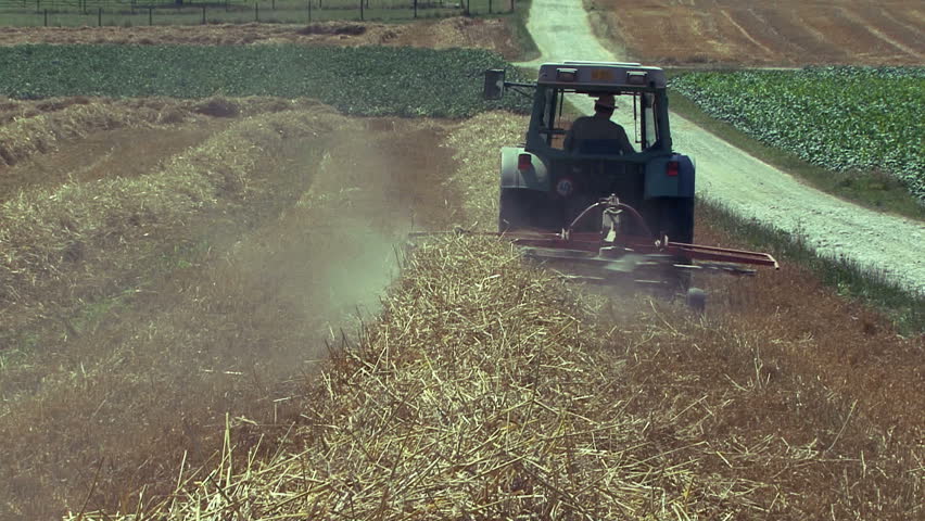 Farm Tractor Close Pulling A Cutter Harvesting Alfalfa Lucerne Hay For ...