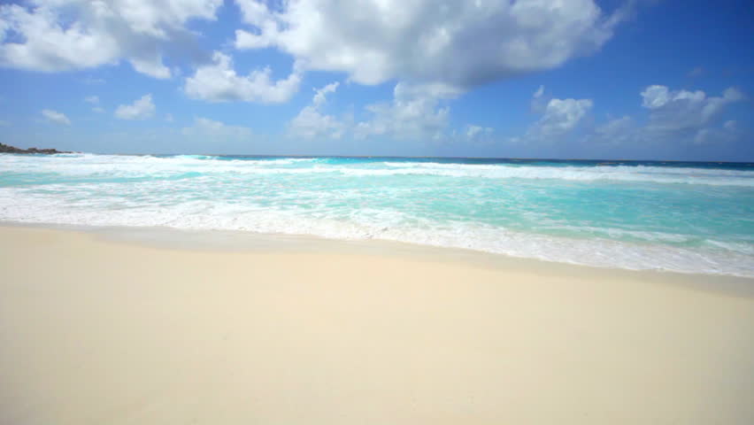 Tropical Beach. Ocean Waves And Cloudy Sky Background. White Sand And ...