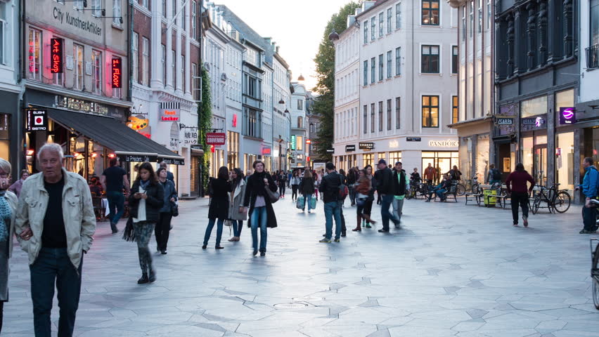 Time Lapse Zoom Of Busy European Shopping Plaza - Evening - Copenhagen ...