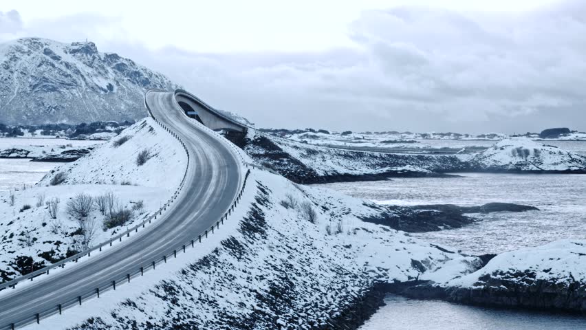Closeup Of Cars Driving On Frozen Bridge In Norway Atlantic Road Stock ...