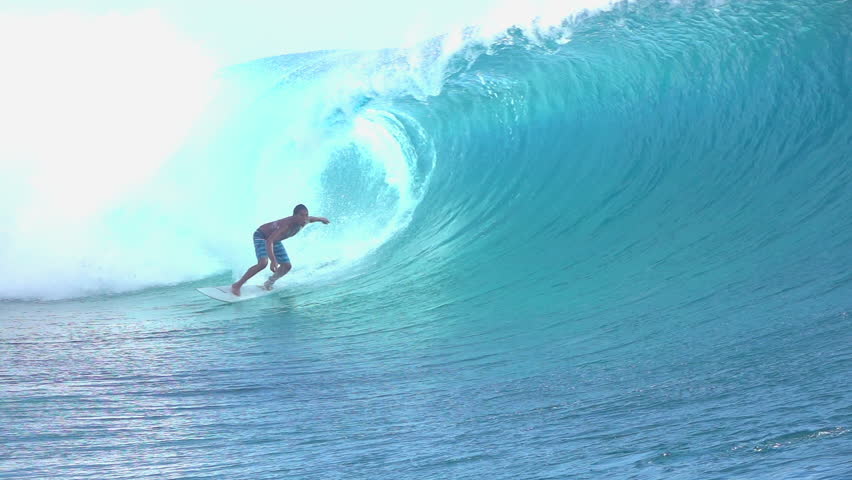 SLOW MOTION: Cheerful Extreme Pro Surfer Surfing Big Tube Barrel Wave ...