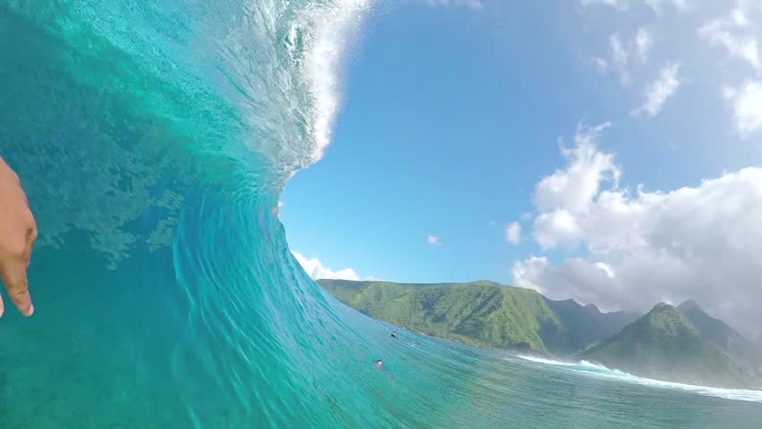 SLOW MOTION: Cheerful Extreme Pro Surfer Surfing Big Tube Barrel Wave ...