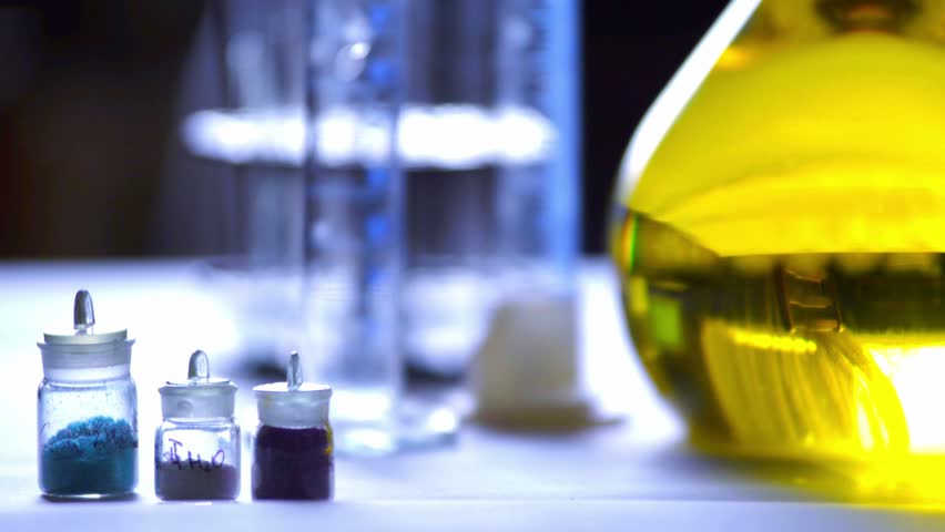 Jars With Chemicals, Beaker, Flasks With Blue And Yellow Reagents, Test ...