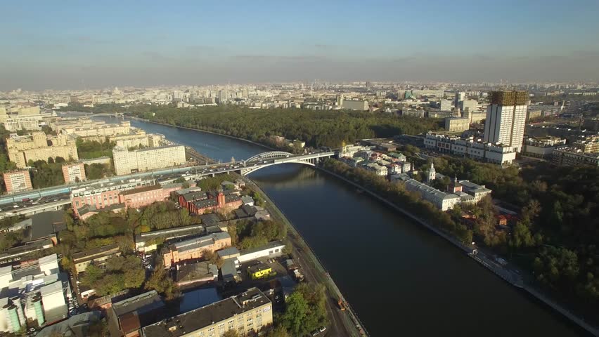 Stock Video Clip of Moscow river. Drone Aerial view. Luzhniki, Bridge ...
