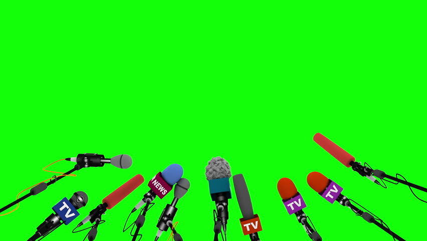 Reporters Interview With Microphones On Green Screen, Side View ...