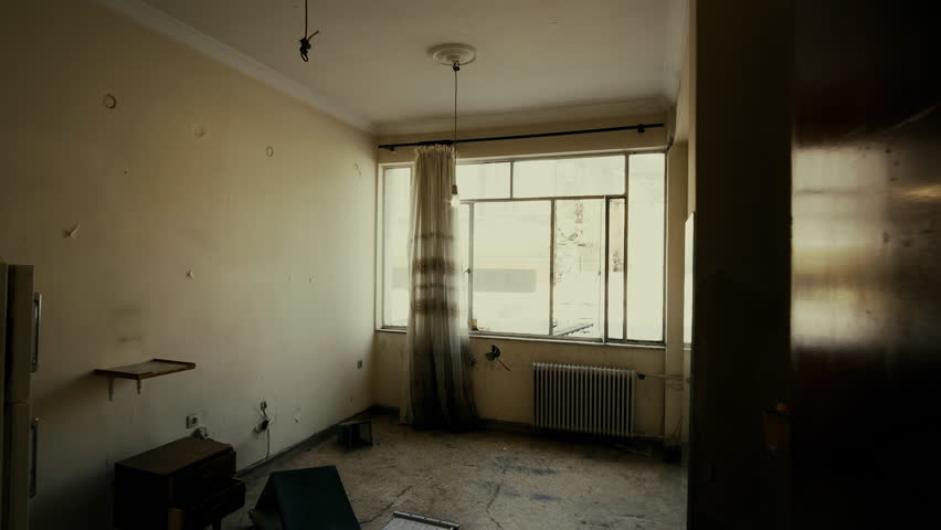 Empty Evacuated Broken House Apartment, Interior.Panning Inside A ...