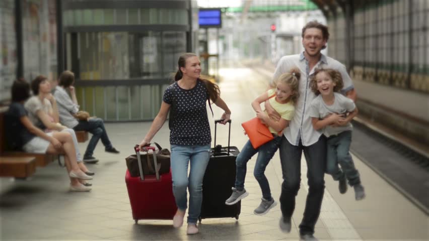 Happy Family With Children Going On Railway Station, Parents And Kids ...