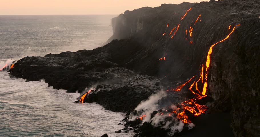 Tourist Looking At Volcanic Eruption Lava Flowing Into The Ocean. Steam ...