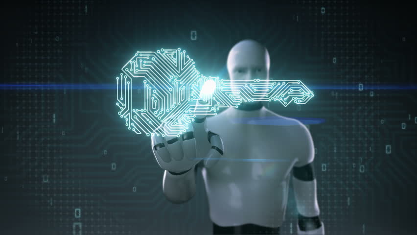 Stock Video Clip of Robot cyborg touching Shape of key, circuit ...