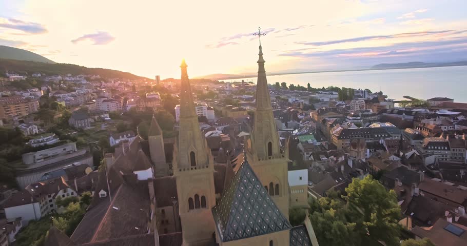 Stock Video Clip of aerial view of Collegiale Church in Neuchatel ...