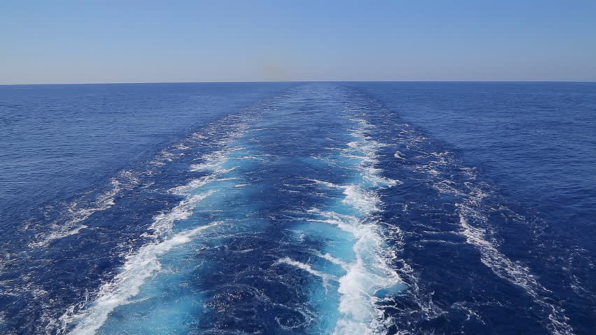 Wide Of Cruise Ship's Wake Or Water Trail In The Ocean With Ship ...