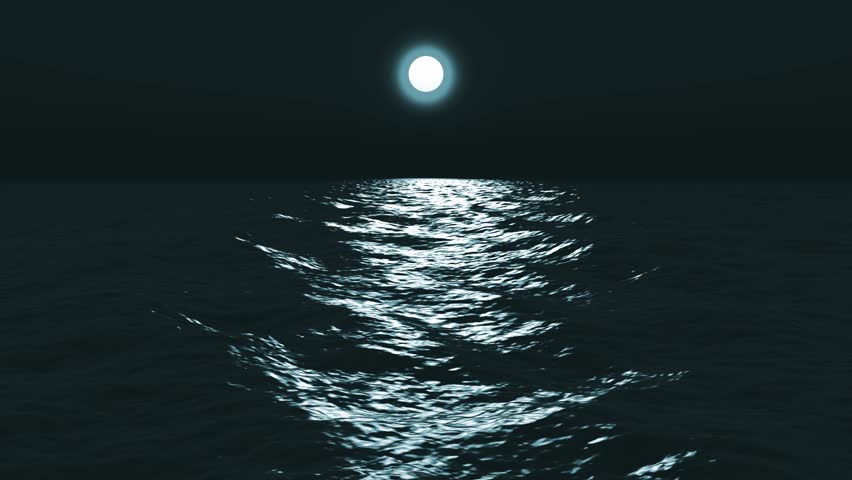 Flying Over The Ocean Surface With Large Moon In Night Time Sky Stock ...