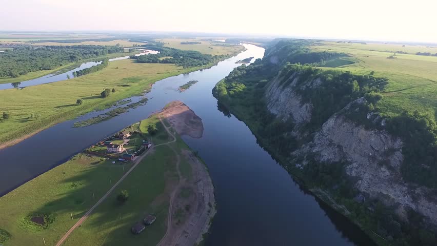 Aerial Russian Countryside In A Picturesque Landscape Among Mountains ...