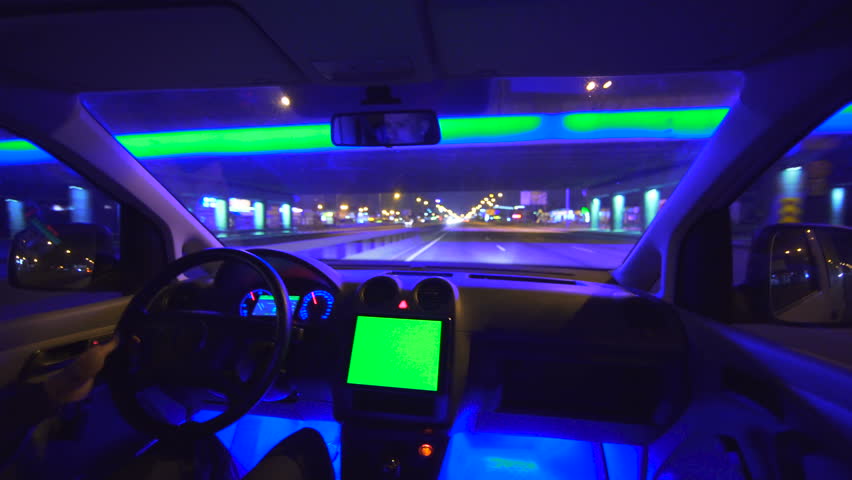 Red And Blue Emergency Lights Of Police Car. Night Outdoor Shot. Stock ...