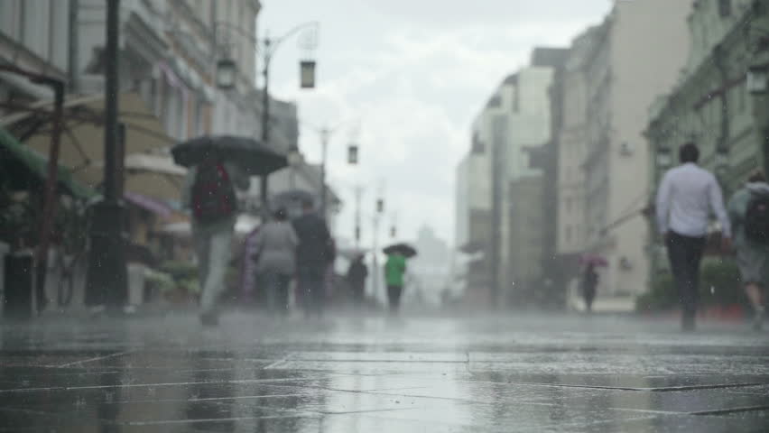 Background Of Rainy Day On City Street. Real Time. People With ...