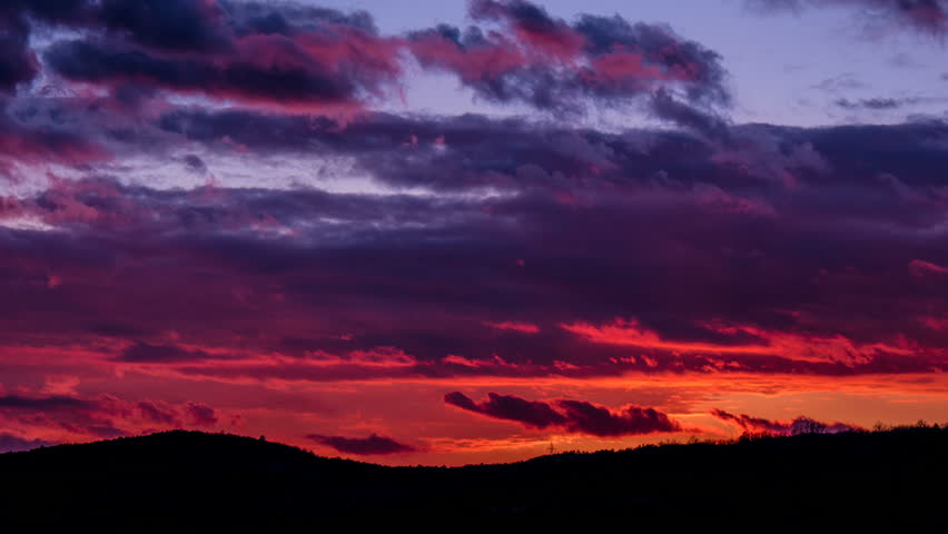 Purple, Red, Pink Sunset Sky Afterglow Over Mountains Silhouette, Time ...