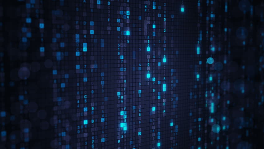 Blue Matrix Rain Of Digital HEX Code. Computer Generated Abstract ...