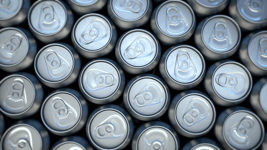 Walk Past Soda Cans, Close Up, Tabs Shining, Lined Up For Display At ...