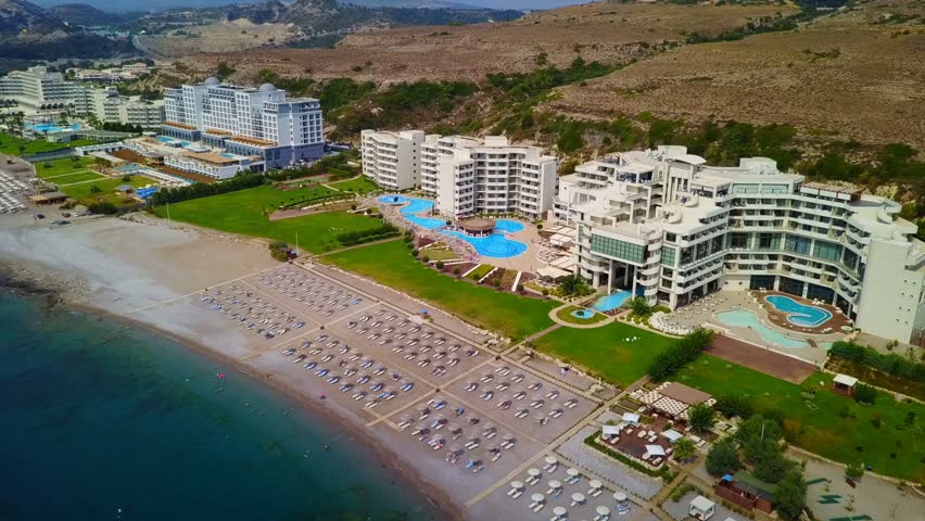 Aerial Birds Eye View Video Taken By Drone Of Crowded Beach Of Kalithea ...