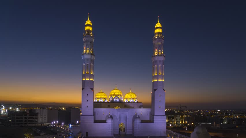 Aerial Time Lapse Of A Beautiful Bawshar Mosque At Sunset In Muscat ...