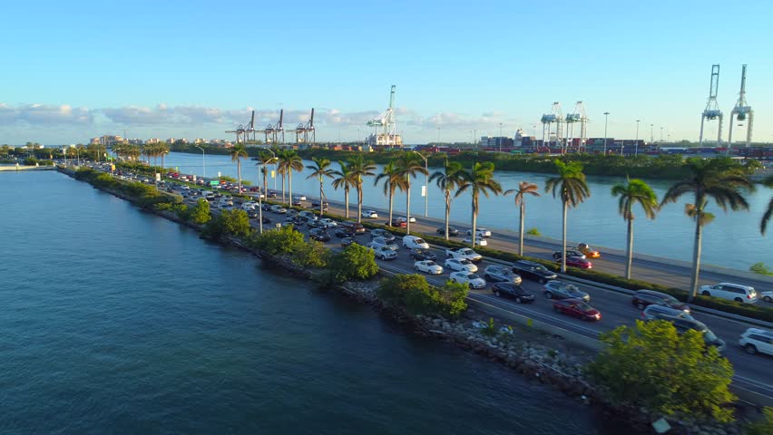 Aerial Video Macarthur Causeway Bridge Heading To Miami Beach Stock ...
