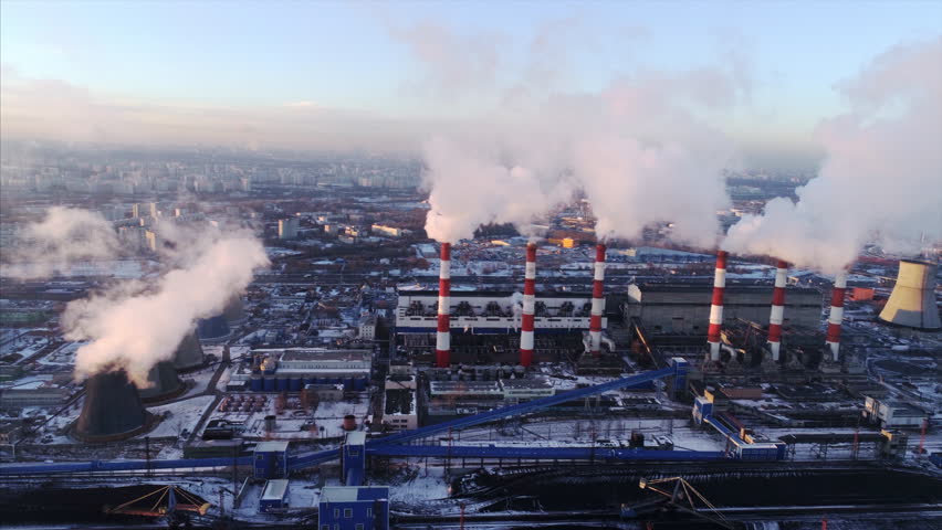 Aerial Shot Panoram Above Polluting Factory, Cityscape At Sunset 動画素材 ...