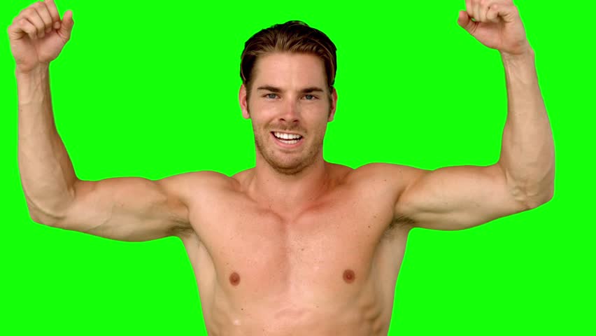 Shirtless Man Flexing Muscles In Slow Motion On Green Screen ...