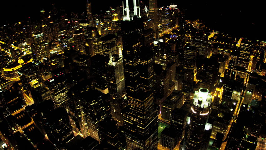 Aerial Illuminated View City Skyscrapers At Night Willis Tower, Avenues ...