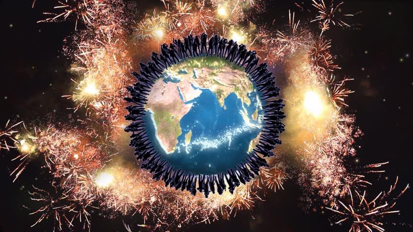 People Dancing Together Around Shining Earth With Fireworks Over Them ...