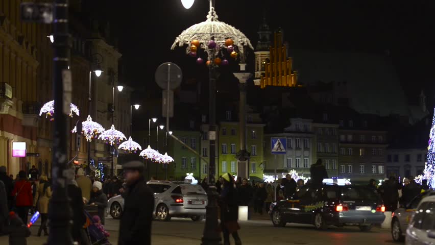Old Town Of Warsaw In Poland Illuminated At Night, During Christmas ...