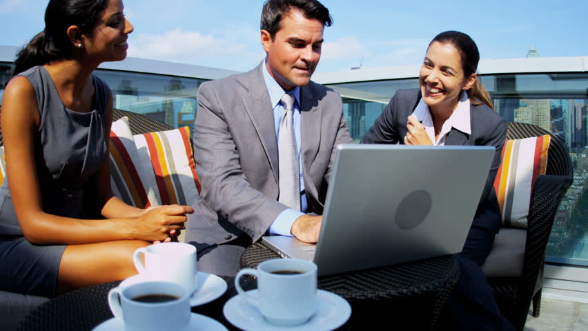 Multi Ethnic Business Management Closing Contract On Computer Handshake ...