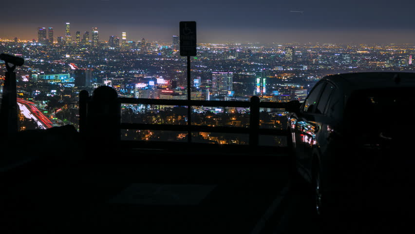 4K Hollywood City Night Vista View. Downtown Overlook With Tourists ...