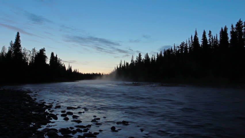 Sweden, A Beautiful Mountain River At Night, Overlooking The Mountain ...