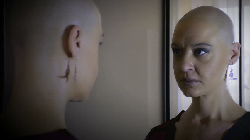 Sad Woman Suffering From Cancer At The Mirror Thinking: Loneliness ...