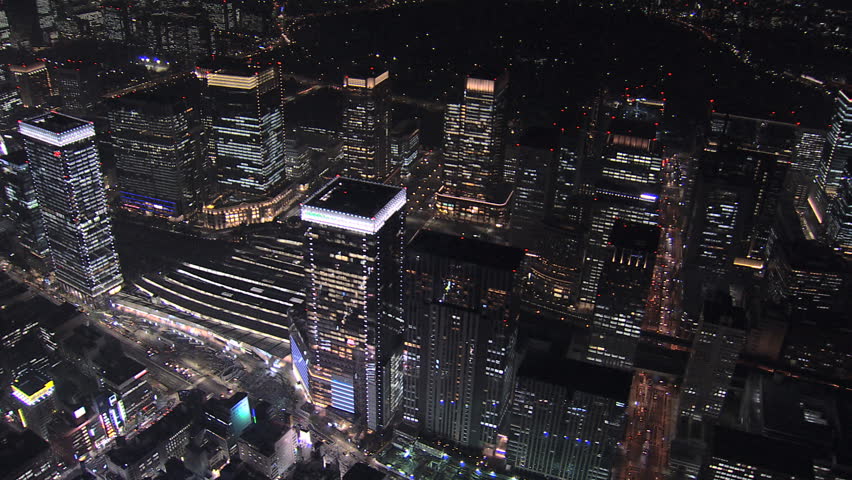 Aerial Metropolis Night Illuminated Entertainment Area Offices ...