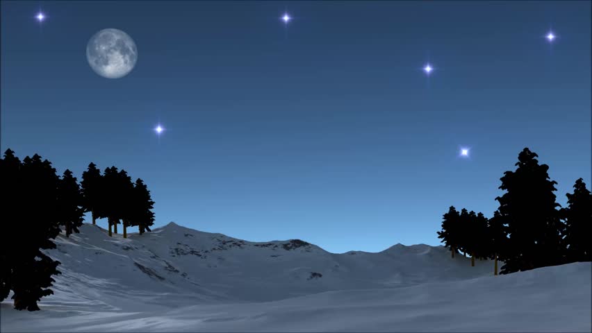 Snowy Night Scene With Full Moon, Falling Snow And Twinkling Stars ...