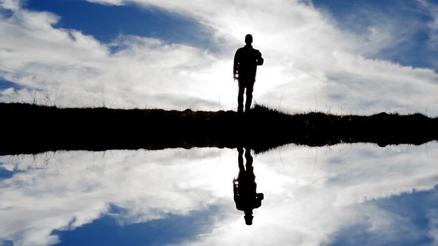 Male Person Walking Outdoors. Single Man Silhouette. Water Reflection ...