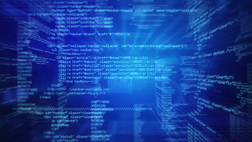 Computer Code Running In A Virtual Space. Loopable. Dark Blue. Dolly In ...