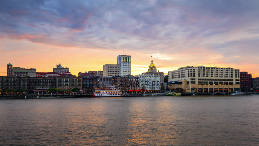 Savannah, Georgia, Usa Riverfront Skyline Stock Footage Video (100% ...